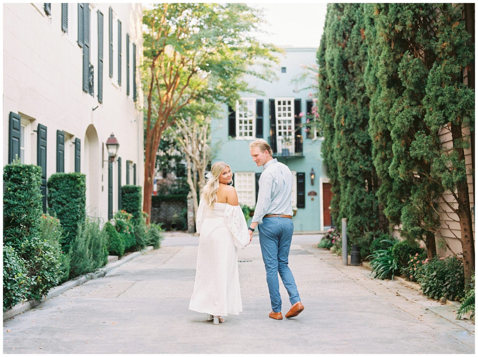 Downtown Charleston Engagement Session along Rainbow Row
